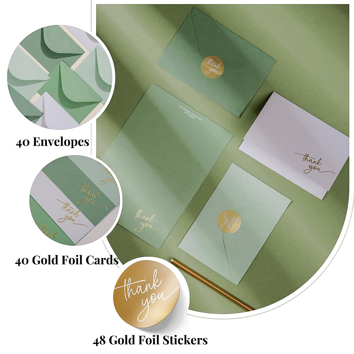 Gold Foil Thank You Cards - Bulk Pack of 40, 5x3.5 Inch with Matching Stickers & Envelopes (Green) Textured Surface for a Unique Feel - Suitable for Baby Shower, Wedding, Small Business, Graduation