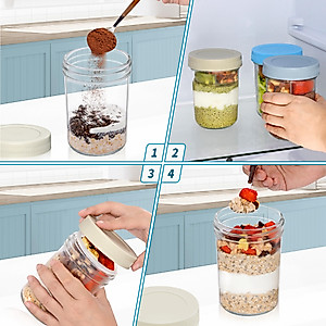 Xyptorix 16 oz Overnight Oats Containers with Airtight Lids - 6-Pack Leak-Proof Wide Mouth Mason Jars & Divided Cups for Dried and Wet Foods, Glass Jars for Chia Pudding, Salad, Snacks, and Yogurt