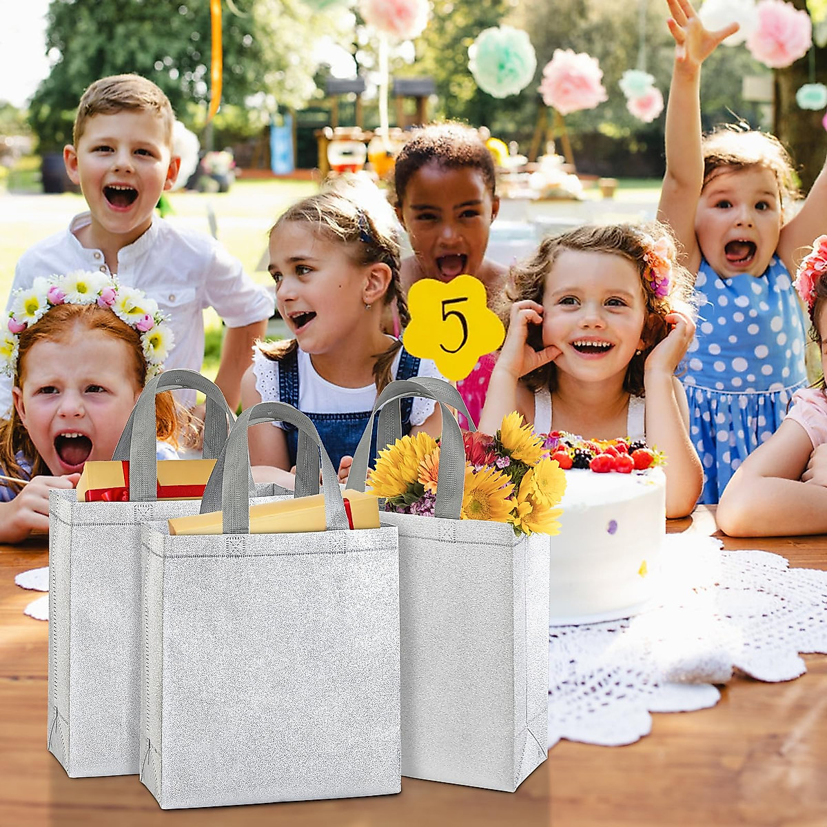 Noamus 40 Pcs 12x11 Inch Glossy Reusable Grocery Bag, Silver Glitter Gift Bags with Handle, Fashionable Non-Woven Bridesmaid Tote Bag, Durable Shopping Bag for Wedding, Bachelorette Birthday Party