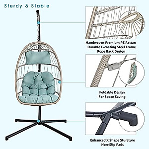 Patiorama Indoor Outdoor Egg Swing Chair with Stand, Patio Beige Wicker Rattan Hanging Chair with Rope Back, Cushion,Cover,All Weather Foldable Hammock Chair for Bedroom, Garden (Tiffany Blue)