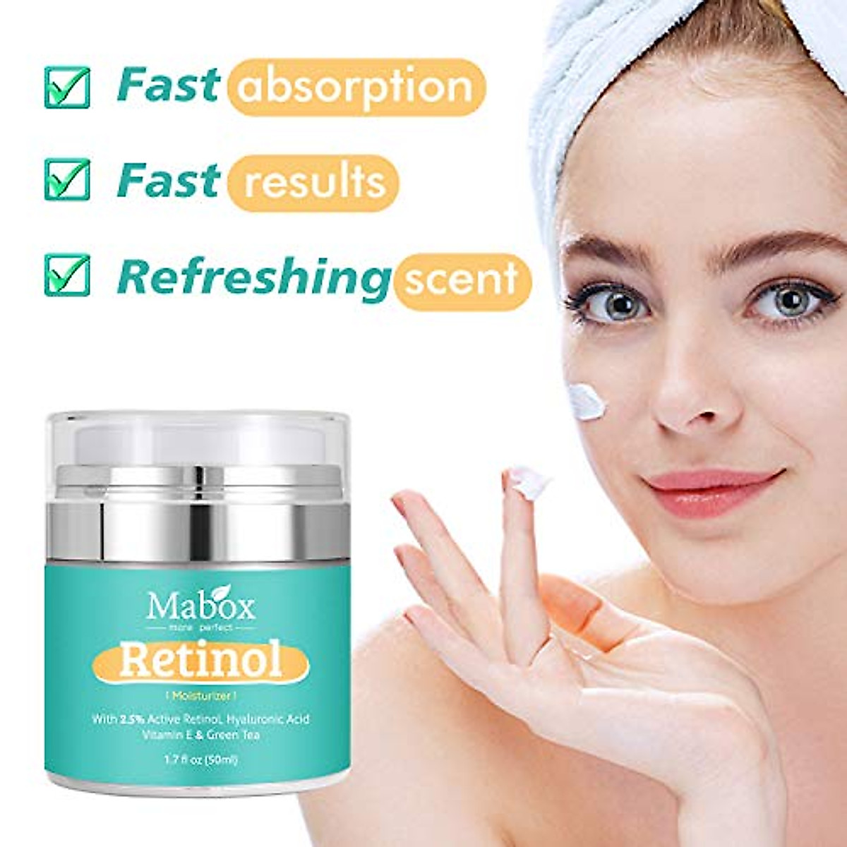 Mabox Moisturizer Cream for Face and Eye Area with 2.5% Active Retinol, Hyaluronic Acid, Vitamin E, Anti Aging Formula Reduces Wrinkles, Fine Lines, Best Day and Night Cream (1.7 Fl. Oz)