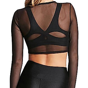 BelleLovin Women's Sheer Mesh Long Sleeve Crop Top Sexy Tee Blouse (Black-A, Small)