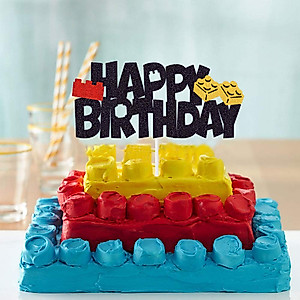 Building Blocks Cake Topper Glitter Happy Birthday Cake Decoration Color Building Brick Theme Birthday Baby Shower Party Supplies