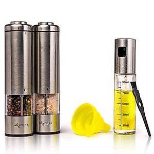 Electric Salt and Pepper Grinder Set | Stainless Steel Battery Operated Mill with Light | Pack with Oil Sprayer, Silicone Funnel, Cleaning Brush, and eBook | Adjustable Coarseness | Ceramic Grinders