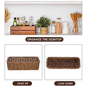 Wicker Storage Baskets Set of 2 Woven Shelf Baskets Narrow Storage Baskets for Organizing Brown Storage Bins for Shelves, Small Wicker Basket for Kitchen Tabletop Bedroom Closet Storage