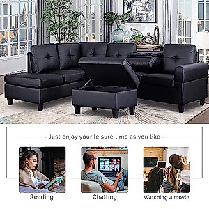 Goohome Sectional, L-Shaped Storage Ottoman/2 Cup Holder,Modular Comfortable Upholstered Couches with Extra Wide Chaise Lounge,Sofas for Home/Office Living Room Furniture Sets, Black