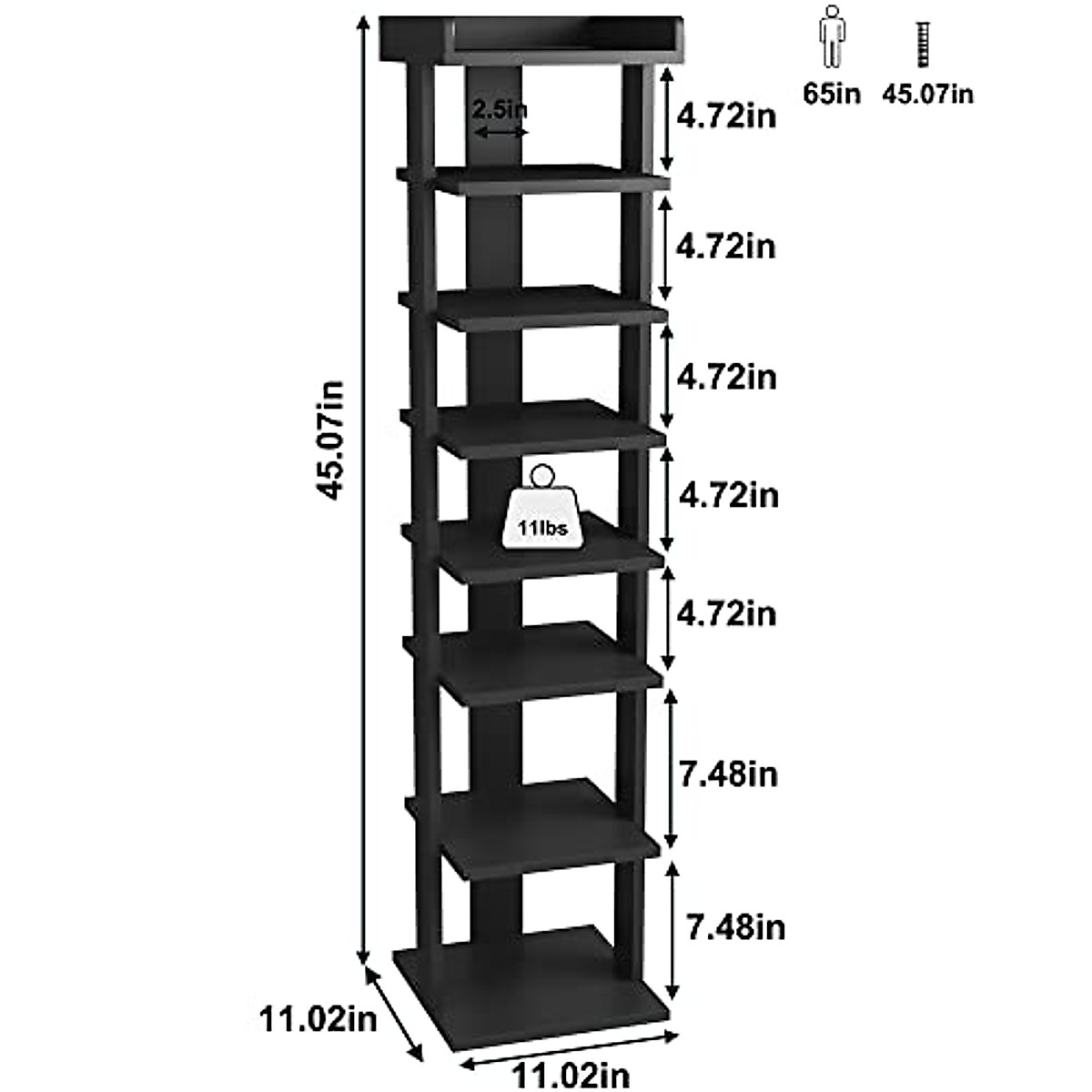 HOMEFORT 7-Tier Wood Shoe Rack, Entryway Shoe Tower,Vertical Shoe Organizer, Wooden Shoe Storage Stand(Black)