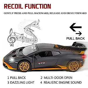 1:24 Alloy Diecast Car Model for Lamborghini Huracan STO 2021 Toy Car, Pull Back Vehicles Model Cars Toy for Kids 3 to 12 Years Old Gift Adult Collection Car Model with Sound & Light (Advanced Grey)