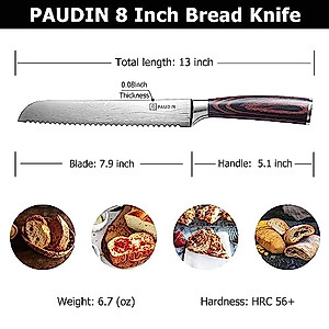 PAUDIN Bread Knife 8 inch, Ultra Sharp Serrated Knife, German High Carbon Stainless Steel, Bread Cutting Knife, Professional Grade Serrated Bread Knife, with Ergonomic Handle and Gift Box
