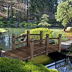 5FT Wooden Garden Bridge Arch Stained Finish Footbridge Decorative Backyard Bridge with Double Safety Railings Outdoor Lawn Pond Bridge Walkway for Garden Yard Patio Courtyard Farm Stream Creek