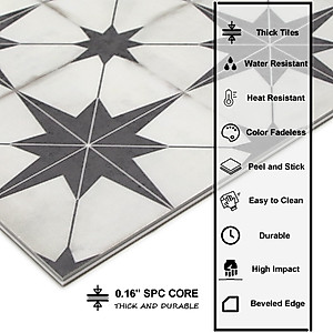 Peel and Stick Floor and Wall Tile for Bathroom Kitchen SPC Vinyl Self Adhesive Flooring Tile 9x9In Black Star Encaustic Patterned Groutble Backsplash Tile 16 Tiles, 9.12 Sq Ft.