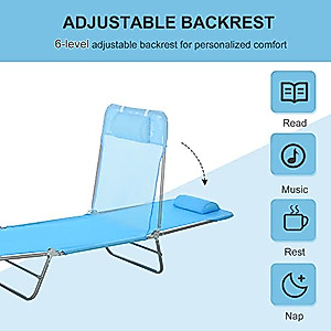 Outsunny Folding Chaise Lounge Pool Chairs, Outdoor Sun Tanning Chairs with Pillow, Reclining Back, Steel Frame & Breathable Mesh for Beach, Yard, Patio, Blue