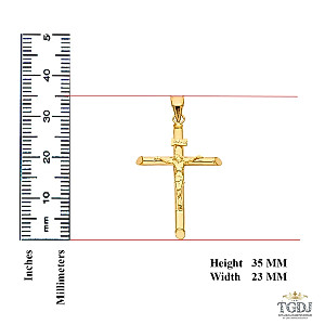 14K Yellow Gold Crucifix Pendant - Jesus Engraved in Tubular Catholic Cross Charm - Religious Based Fine Jewelry, 35 mm X 23 mm, 1.3 grams