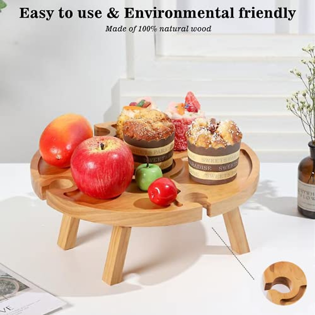 Bomeiqee Wooden Folding Picnic Table with Wine Glass Holder - Portable Creative 2 in 1 Wine Glass Rack & Compartmental Dish for Cheese and Fruit for Outdoor