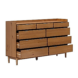 Walker Edison Blythe Mid-Century Modern Tray-Top Solid Wood 9-Drawer Dresser, 60 Inch, Caramel