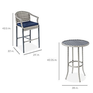 Best Choice Products 3-Piece Patio Bar Table Set, Outdoor Wicker Bar Height Bistro Furniture for Backyard, Poolside, Balcony w/Barstools, Cushions, Steel Frame – Gray/Blue