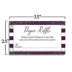 Beautiful Striped Purple & Silver Diaper Raffle Tickets for Girl Baby Showers, 20 2" X 3” Double Sided Insert Cards for Games by AmandaCreation, Bring a Pack of Diapers to Win Favors & Prizes!