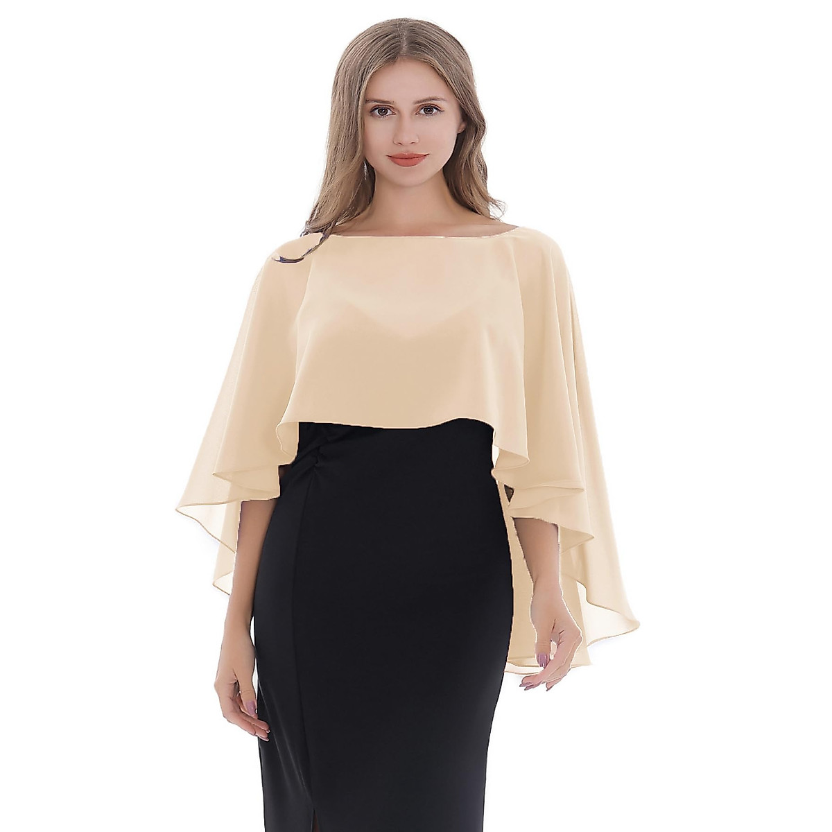 Baoqiya Women's Capelet Shawls and Wraps for Evening Dresses Soft Bridesmaid Shawl Chiffon Cape Wedding Cover Up(Champagne)