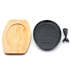 Fuji Merchandise Oval Shape Cast Iron Steak Plate Sizzle Griddle with Wooden Base Steak Pan Grill Fajita Server Plate Home or Restaurant
