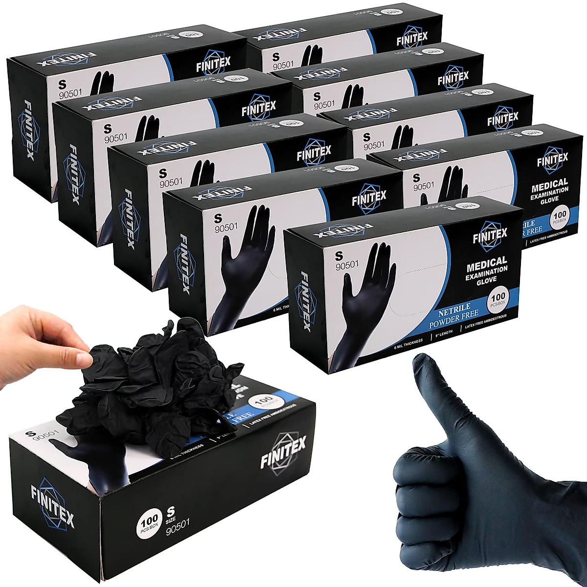 FINITEX Black Nitrile Disposable Medical Exam Gloves - Case of 1000 PCS 6mil Glove Powder-Free Latex-Free Gloves (Small)