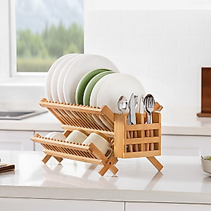 Oyydecor Bamboo Dish Drying Rack with Utensil Holder, 2 Tier Collapsible Dish Rack for Kitchen Counter, Large Folding Drying Holder, Dish Drainer, Kitchen Organizers and Storage