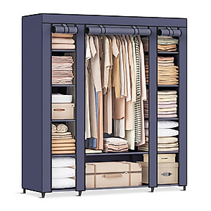 SONGMICS Closet Wardrobe, Portable Closet for Bedroom, Clothes Rail with Non-Woven Fabric Cover, Clothes Storage Organizer, 59 x 17.7 x 69 Inches, 12 Compartments, Dark Blue ULSF003I02