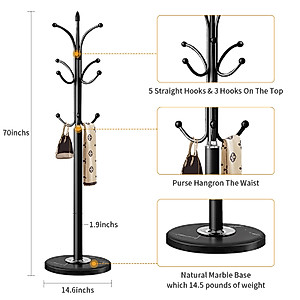 Tenkovic Metal Coat Rack Stand with Natural Marble Base, Coat Rack Freestanding, Sturdy Hall Tree with 12 Hooks for Hanging Clothes, Bags, Scarfs, Coat Hanger for Entryway, Hallway (Black)