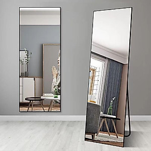 Yone jx je Rectangular Full Length Mirror,Big Free Standing Body Mirror,Floor Length Mirror with Stand,Anti-Rust Solid Wood Frame, Long Wall Mirror for Bedroom (Black+Mirror(65" x 23")
