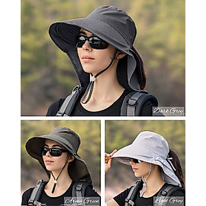 3 Pack Womens Ponytail Sun Hat with Neck Flap Wide Brim UV Protection Bucket Hat Summer Beach Fishing Hiking Garden UPF 50+ (3 Pack-Dark Grey＆Light Grey＆Army Green)