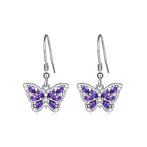 925 Sterling Silver Pretty Sparkly Cz Crystal Monarch Morpho Light Dark Purple Butterfly Wing Dangle Earrings for Women Amethyst February Birthstone Jewelry Mothers Day Graduation Birthday Christmas Gifts