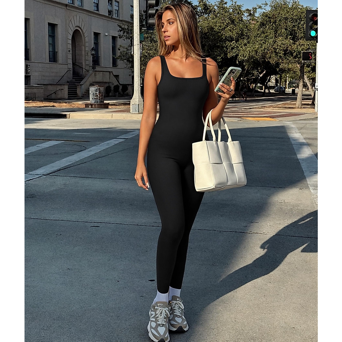 TrainingGirl Womens One Piece Workout Jumpsuits Square Neck Tank Tops Rompers Ribbed Sleeveless Exercise Unitard Yoga Bodycon (Black, Small)