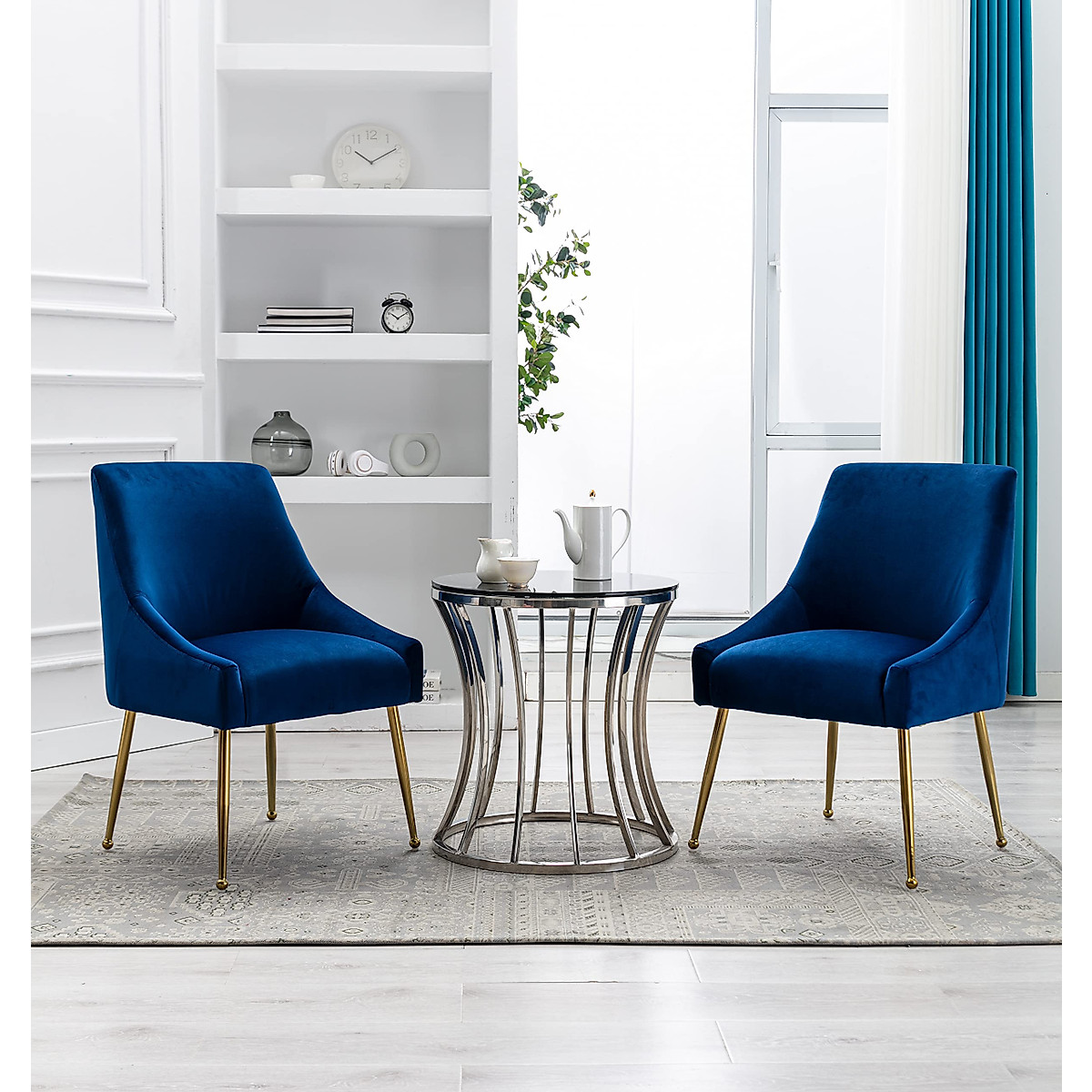 Restworld Velvet Dining Chairs Set of 2, Furniture Collection Modern Contemporary Upholstered with Polished Gold Metal Legs(Blue)