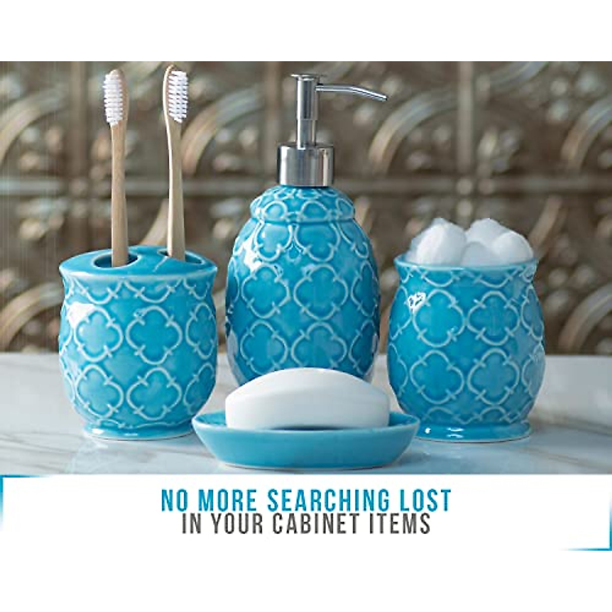 Designer 4-Piece Bathroom Accessory Set – Ceramic Bath Set w/Liquid Soap or Lotion Dispenser, Toothbrush Holder, Tumbler and Soap Dish – Decorative Set w/Embossed Details – Modern Vanity Accessories