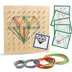 Wooden Geoboard with Rubber Bands Graphical Math Pattern Blocks Geo Board - Montessori Educational Toy for Kids with Pattern Cards and Rubber Bands Create Figures Shape STEM Puzzle Matrix Brain Teaser