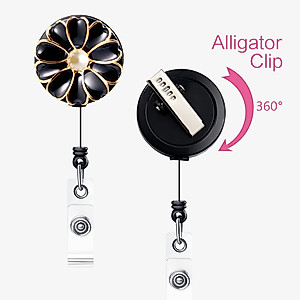 Qinsuee Retractable Badge Holder with Alligator Clip, 24 inch Retractable Cord, ID Badge Reel with Pearl, 3 Pack (Multiple)