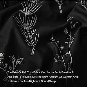 Maple&Stone Queen Floral Comforter Set, Black Bedding Set 3pcs Soft and Durable Microfiber with Elegant Plant Flowers Print Bedding Comforter Sets - Includes 2 Pillowcases