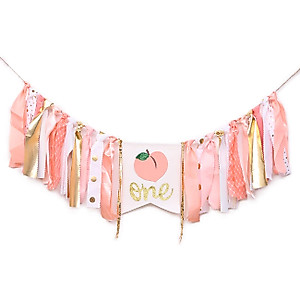 WAHAWU Peach 1st Birthday Banner - One Little Peach High Chair Banner, Birthday Party Gifts for Girls, Pink First Birthday Banner, Photo Prop Party, Peach and Gold (Peach 1st Birthday Banner)