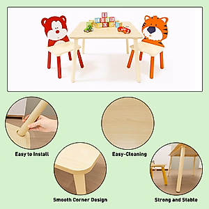 BAOMKONG Kids Table and Chairs, Childrens Table and Chair Set of 3 Piece, Wooden Cartoon Animals Design, Ideal for Arts & Crafts, Gift for Ages 2+, Bear & Tiger