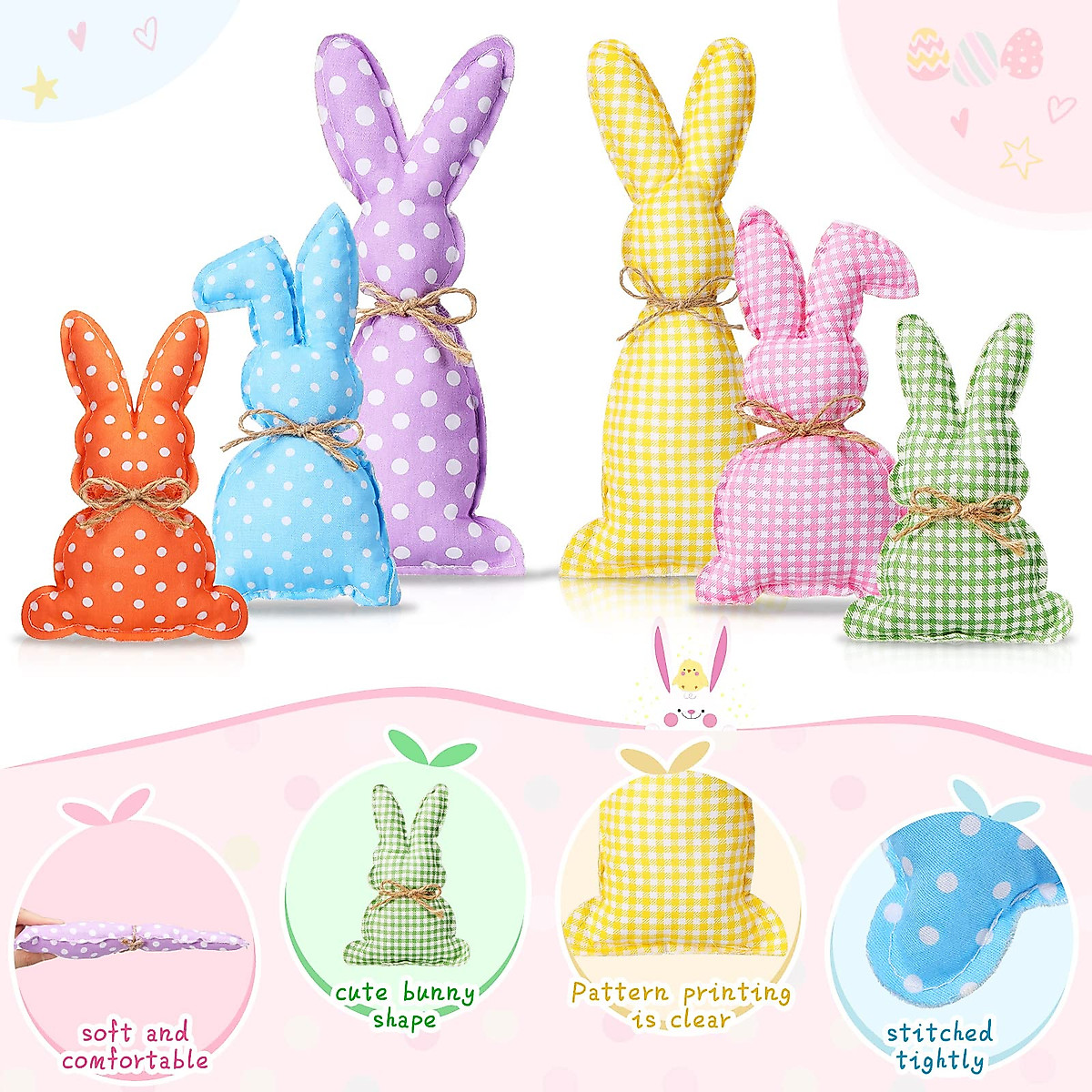 6 Pcs Rustic Easter Bunny Decor Farmhouse Stuffed Fabric Bunny Ornament Polka Dot Grid Easter Basket Bowl Fillers for Tiered Tray Desk Table Top Wedding Home Easter Centerpiece Decoration (Dark)