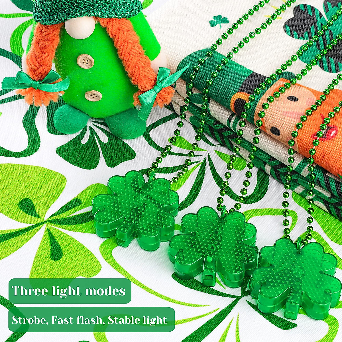 EOBOH 4PCS St Patrick's Day Necklace Accessories, Light up St Patricks Day Green Beads, Irish Shamrock Bulk 3D St Patricks Day Decorations Bulk Parade Procession Party Favor Celebrations