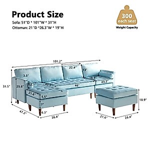 wirrytor Modular Sectional Sofa, Velvet U Shaped Couch, Modular Sectional with Reversible Ottomans for Living Room, Blue