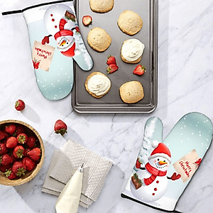 2 Piece Set Oven Mitts, Winter Snowman Cartoon Style Merry Christmas Baking Glove for Cooking BBQ