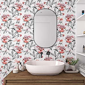 ReWallpaper Peony Flower Wallpaper Peel and Stick Wallpaper Pink White Floral Wallpaper for Bathroom Bedroom Walls Watercolor Floral Contact Paper for Cabinets Drawers Shelf Liner 17.5in×10ft