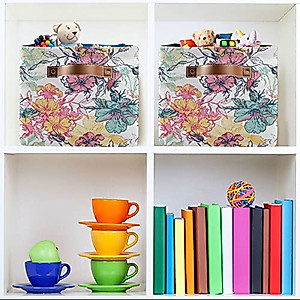 ALAZAElegant Rose Flower Storage Basket Rectangle Collapsible Storage Bins with Handles Durable Canvas Toy Basket Organizer Bin for Shelf Closet Bedroom Home Office,Pack 2