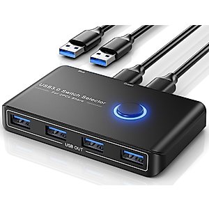USB 3.0 Switch Selector for 2 Computers, USB Switcher Sharing 4 USB Devices Peripheral Hub for Mouse, Keyboard, Scanner, Printer; for Mac/Windows/Linux; 2 Pack USB Cables Included