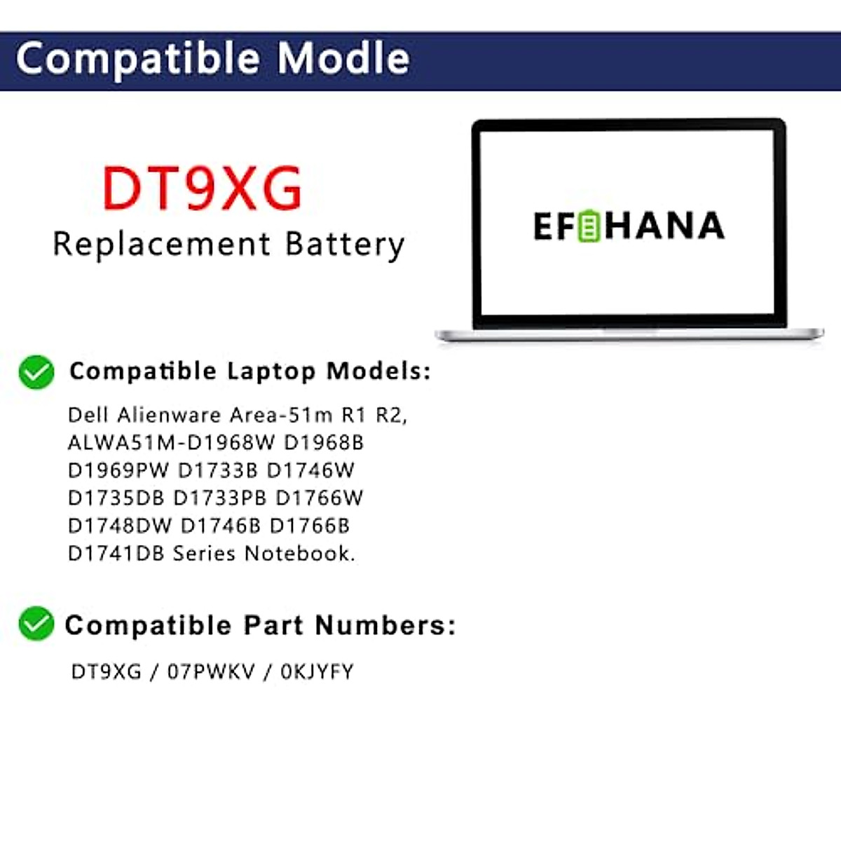 EFOHANA DT9XG 90Wh 6-Cell Laptop Battery Replacement for Dell Alienware Area-51m R1 R2 ALWA51M-D1968W D1969PW D1766W D1733B D1746WD1748DW D1735DB D1733PB Series 07PWKV 0KJYFY 11.4V
