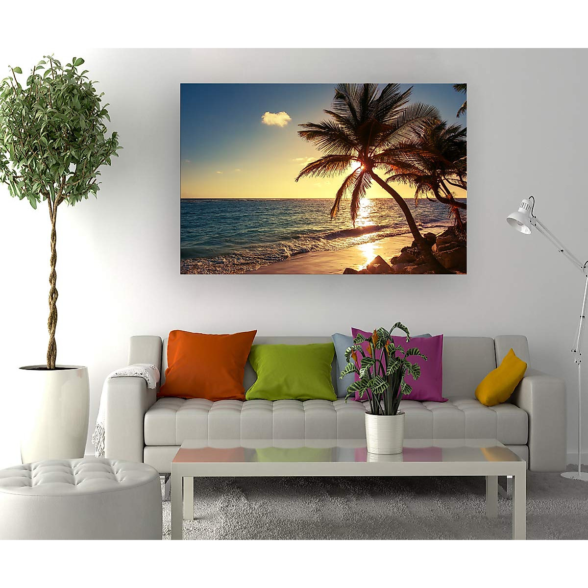 Muolunna S04981 Wall Art Decor Large Canvas Print Picture Sunset Ocean Beach Waves 1 Panel Coconut tree Scenery Painting Artwork for Office Home Decoration Stretched and Framed Ready to Hang XLarge