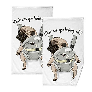 ALAZA Pug Dog in Back Carrier W/ Quote Hand Towels for Bathroom 1OO% Cotton 2 pcs Face Towel 16 x 28 inch, Absorbent Soft & Skin-Friendly