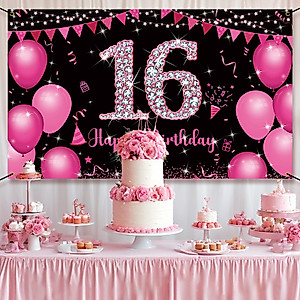 Sweet 16 Birthday Banner Hot Pink, Happy 16th Birthday Decorations for Girls, Sweet Sixteen Party Decorations, 16 Year Old Birthday Photo Props Yard Sign Decor Supplies, Fabric Vicycaty