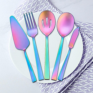 Herogo 5-Piece Matte Rainbow Stainless Steel Serving Utensils Set, Metal Square Hostess Serving Set for Catering Banquet Buffet Party Camping Kitchen Restaurant, Dishwasher Safe